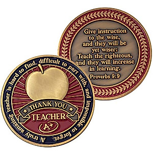 Teacher Appreciation Coin, Thank You Teacher Gift, Pass Along Pocket Token of Gratitude for Teachers and Educators, Antique Gold-Color Plated Proverbs 9:9 Challenge Coin