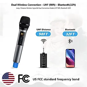 Wireless Microphone, Uhf Metal Dynamic Handheld Karaoke Mic, Rechargeable Receiver (Work 6hs),160ft Range, for Karaoke, Singing, Stage, Wedding, Speech, Karaoke Machine, Speaker, Amplifier, Mixer