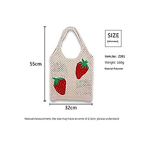 Women Y2K Crochet Tote Bag Hobo Aesthetic Bag Trendy Strawberry Knitted Shoulder Bags Mesh Hollow Tote Bag (Apricot)