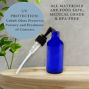 Cornucopia Brands 4-Ounce Cobalt Glass Pump Bottles (4 Pack), for Aromatherapy, Lotions, Soaps & More
