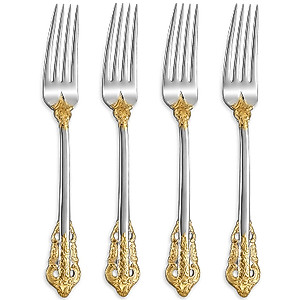 KEAWELL Luxury Dinner Fork, Set of 4, 18/10 Stainless Steel, 8 Inches, Dishwasher Safe, Mirror Polished, Silverware Fork Set (Gold Accent)