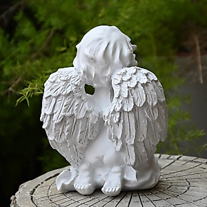OwMell Kneeling Praying Cherubs Statue, Resin Baby Angel Figurine, Wings Angel Statue Memorial Cherub Sculpture for Home Decoration 6.3" - White