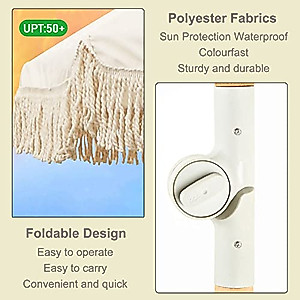 LefeDa 6.5FT Boho Umbrella With Fringe Beige Beach Umbrellas For Sand UV Protection Large Outdoor Umbrella Wooden Stanchions Patio Table Umbrella Waterproof Foldable 8 Ribs With Carry Bag