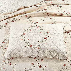 Quilt Set Classical 3D Floral Embroidery Pattern 3-Piece Cotton Reversible Quilted Embroidered Decorative Bedspreads Coverlet Bedding Set, Lightweight &Soft,Beige,King Size