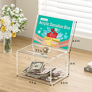 MaxGear Acrylic Donation Box with Lock and Sign Holder, Clear Ballot Box Donation Boxes for Fundraising (6.25" x 4.5" x 4") with Lock - Clear