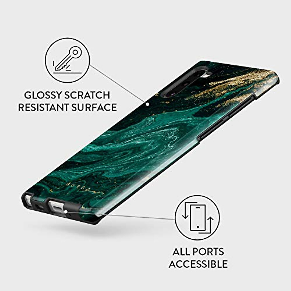 BURGA Phone Case Compatible With Samsung Galaxy Note 10 - Hybrid 2-Layer Hard Shell + Silicone Protective Case -Emerald Green Jade Stone Luxury Gold Glitter Marble - Scratch-Resistant Shockproof Cover