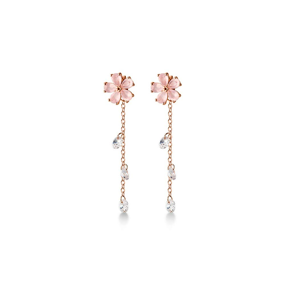 Dainty Cherry Blossoms Dangle Stud Earrings S925 Sterling Silver for Women Girls Rose Gold Pink Crystal CZ Diamond Dangling Charm Flower Leaf Threader Earring Ear Jackets Cute Jewelry Gifts Bridesmaid