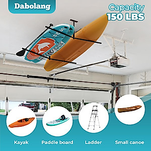 Dabolang Adjustable Ladder Ceiling Rack, Garage Surf Storage, Heavy Duty Overhead Paddleboard Hanger, Kayak Ceiling Mount Rack for Telescopic Ladder/Snowboard/Lumber. Double-sided