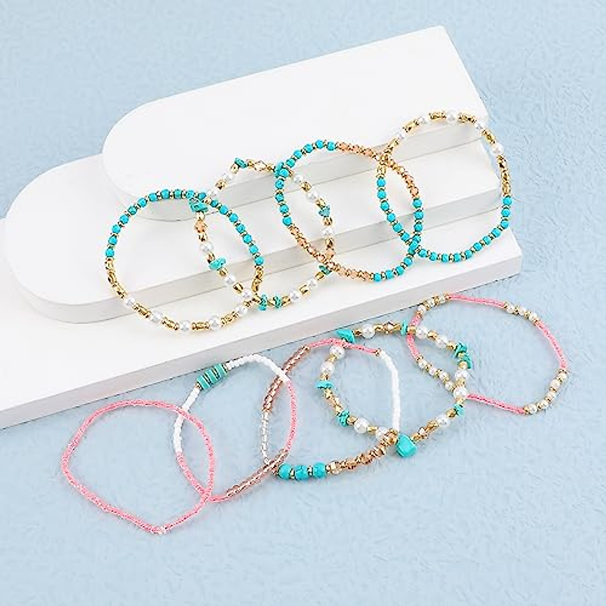 Bohemian Turquoise Beaded Bracelets for Women 9Pcs Colorful Stackable Natural Stone Stretch Bracelets Multilayered Glass Seed Beads Pearl Bracelet Set Boho Holiday Summer Beach Jewelry Gift for Girls