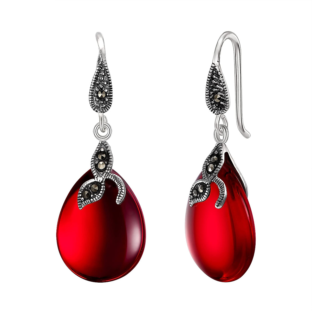 EVER FAITH 925 Sterling Silver Red Created Chalcedony Crystal Retro Black Leaf Teardrop Hook Earrings Birthday/Mothers Day/Valentines Day/Christmas Jewelry Gift for Women