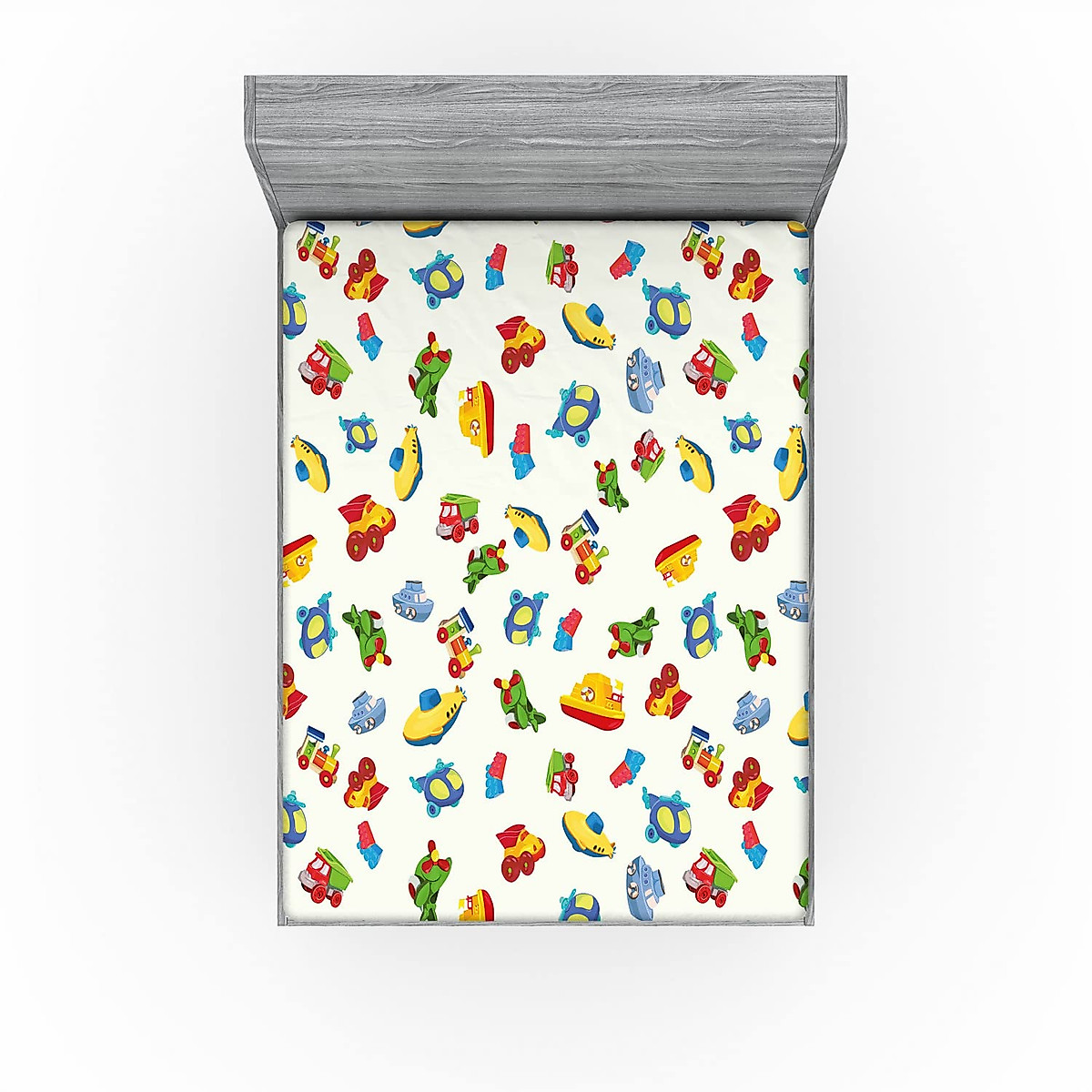 Ambesonne Plane Fitted Sheet Set, Airplane Boat Ship Helicopter Submarine Car Truck Van Boys Cartoon Transportation, Bed Cover with All-Round Elastic Deep Pocket 2 Pcs, Queen Size, Multicolor