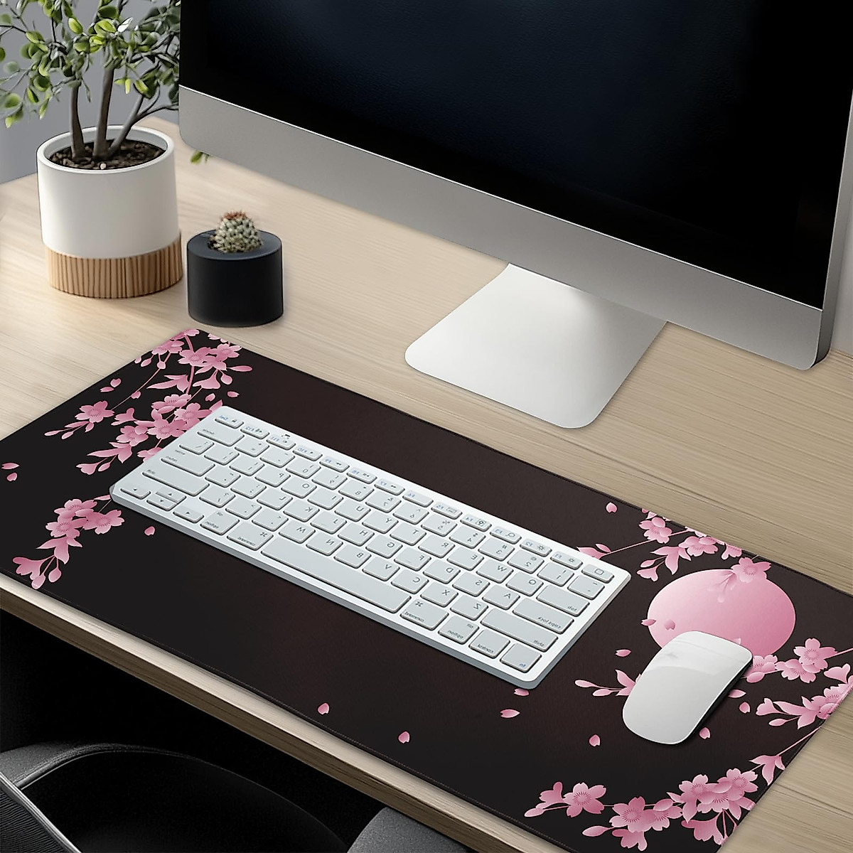 Sakura Cherry Blossom Extended Gaming Mouse Pad Non-Slip Rubber Base Pink Large Mousepad 31.5x11.8in with Stitched Edge Waterproof Flower Keyboard Pads Black Desk Laptop Mats for Work/Game/Office