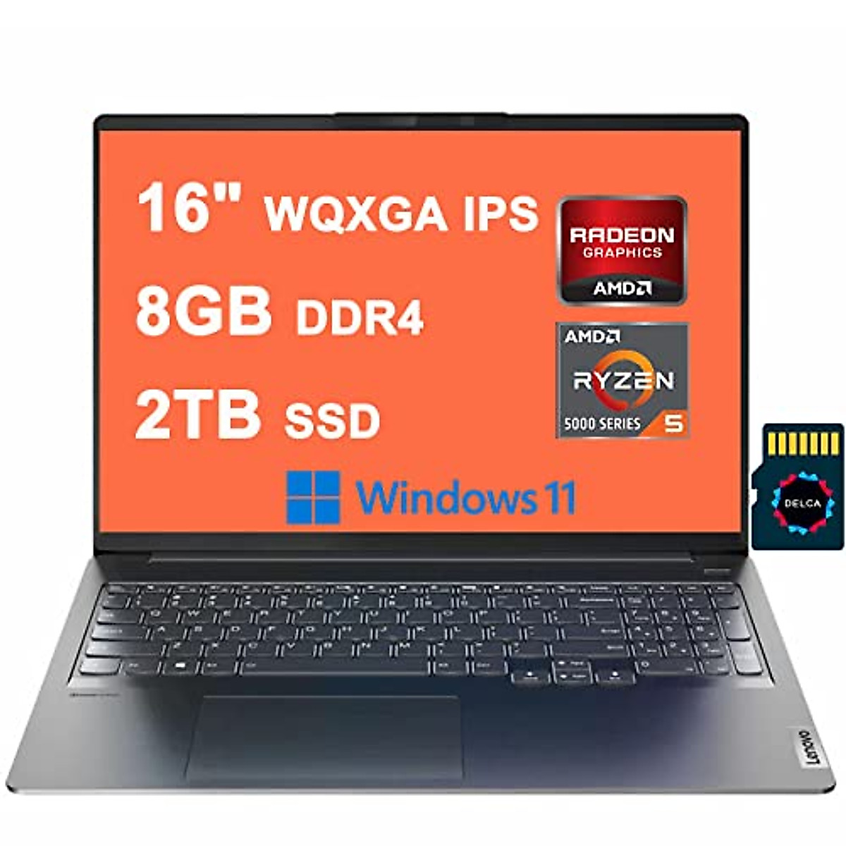 Lenovo Ideapad 5 Pro Business Laptop I 16" WQXGA IPS Display (100% sRGB) I AMD 6-Core Ryzen 5 5600H (>i7-11375H) I 8GB DDR4 2TB SSD I Backlit USB-C HDMI Dolby Atmos Win11 Grey + 32GB MicroSD Card