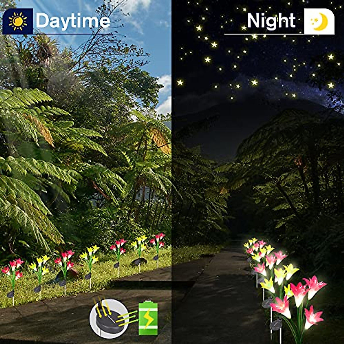 BASIWEI Outdoor Solar Garden Stake Lights, 2 Pack Solar Garden Lights with 8 Lily Flower, Waterproof Solar Powered Fairy Lights for Outdoor, Garden, Patio, Backyard(Yellow and Red)