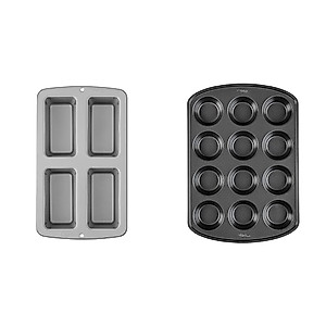 Wilton Recipe Right Non-Stick Mini Loaf Pan, 4-Cavity, Steel & Perfect Results Premium Non-Stick Bakeware Muffin Pan & Cupcake Pan, 12-Cup, Steel
