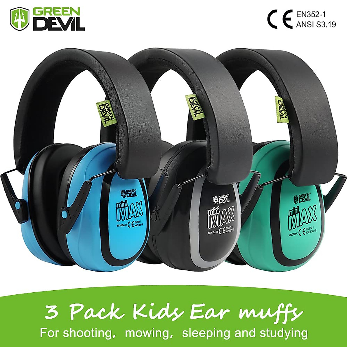 GREEN DEVIL 3 Pack Kids Ear Protection Ear Muffs 27dB Noise Cancelling Hearing Protection Headphones For Toddlers To Teens