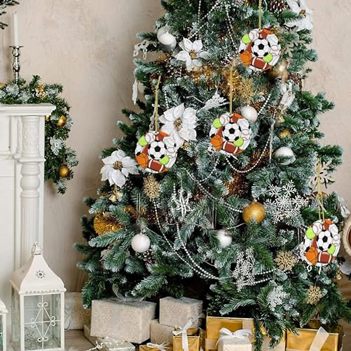 Sports Ball Print Christmas Tree Ceramic Hanging Round Shaped Xmas Tree Pendants Gatherings Party Deco