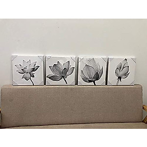 VVOVV Wall Decor - 4 Panels Flowers Artwork Black and White Elegant Floral Canvas Art Print Blooming Lotus Picture Framed Water Lily Wall Art Painting Home Decor for Bedroom