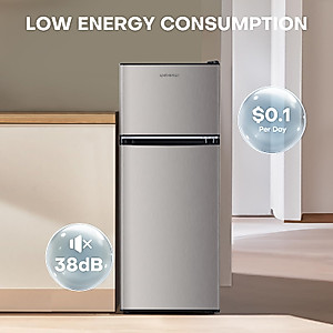 Upstreman 4.0 Cu.Ft. Small Refrigerator with Freezer, Dorm Essentials, Double Door, Mini Fridge for Office, Dorm, Bedroom, Adjustable Thermostat, Large Capacity, Stainless-SR401