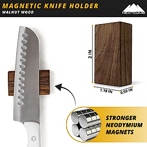 Magnetic Knife Holder For Wall - STRONG Neodymium Magnets & 3M Adhesive Strip (No Drilling!) 2" x 1.2" Wooden Walnut Block Kitchen Tools Cutlery Utensils Holder Rack Mount Bar Set (5)
