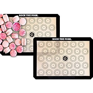 Rock the Fork Macaron Mats (Premium 2-pack) NonStick Silicone Macaron Sheets. Macaron Silicone Baking Mats are designed for style & function by Chefs for Chefs. 11 5/8 x 16 1/2 Inch