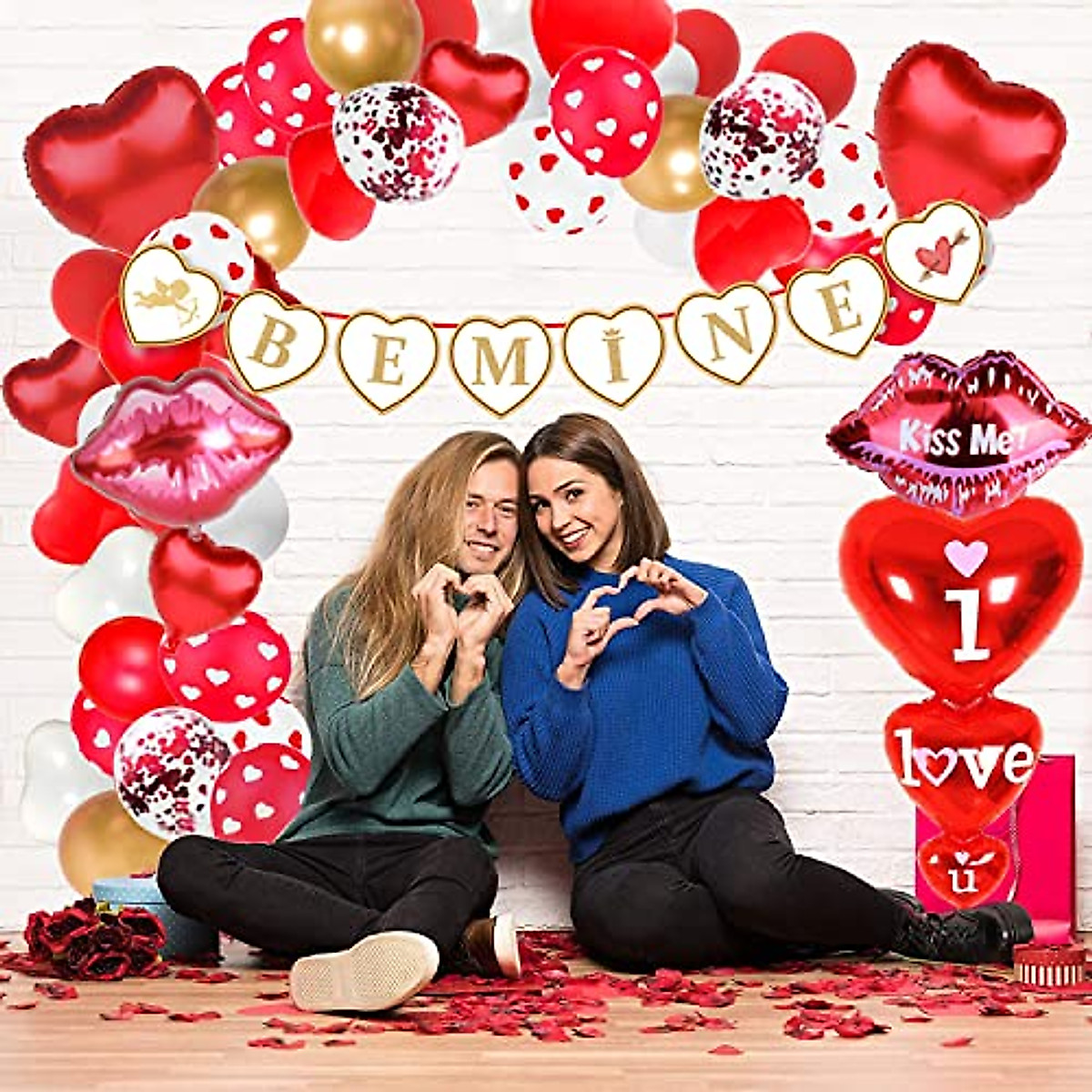 Valentines Day Balloon Arch Garland Kit, Red White Love Balloons Red Confetti Balloons Red Rose Petals Heart Garland I Love U Balloon Be Mine Banner for Valentine Day Engagement Wedding Decorations