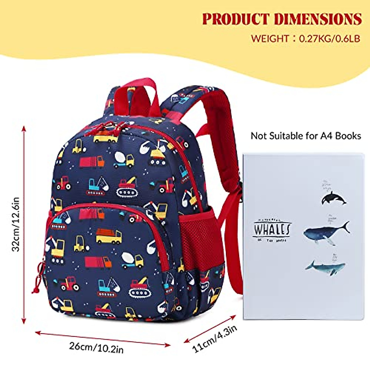 Ryushoyo Toddler Kids Backpack Boy Truck Excavator Crane Preschool Cute Backpack Child Daycare School Bag Nursery with Chest Strap Red Dark Blue
