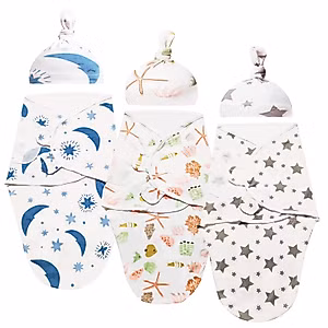 Organic Muslin Swaddle Blankets,100% Cotton Ultra Soft Newborn Adjustable Sleep Sack Wrap, Baby Receiving Blanket for Boys and Girls,3 Pack Swaddle and Hat Set,0-6 Months