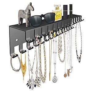 Necklaces and Bracelets Holders Wall Mounted Black Metal Jewelry Display Hanging Shelf with 30 Hooks Necklace Hanger Wall Shelf with Jewelry Hooks Rack Accessories Organizer for Women Girl Kids