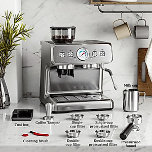 Kismile Espresso Machines with Grinder, 20 Bar Professional Espresso Maker with Milk Frother Steam Wand & Removable Water Tank for Latte and Cappuccino, Espresso Coffee Maker for Home(Stainless Steel)