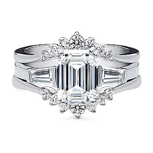 BERRICLE Sterling Silver 3-Stone Wedding Engagement Rings Emerald Cut Cubic Zirconia CZ 7-Stone Ring Set for Women, Rhodium Plated Size 7