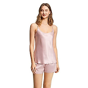 LilySilk Women's Silk Pajama Cami Shorts Set 19 Momme 100% Mulberry Silk Lingerie Camisole Pjs Sleepwear Rosy Pink M