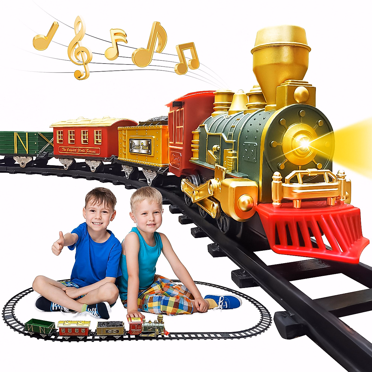 Train Set - Christmas Train Toys, Battery-Powered Locomotive Engine with Sound and Lights, Cargo Cars & 10 Tracks, Toy Train Sets for Boys Age 3 4 5 6