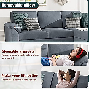 Vongrasig 79" Convertible Sectional Sofa Couch, 3 Seat L Shaped Sofa with Removable Pillows Linen Fabric Small Couch Mid Century for Living Room, Apartment and Office (Gray)