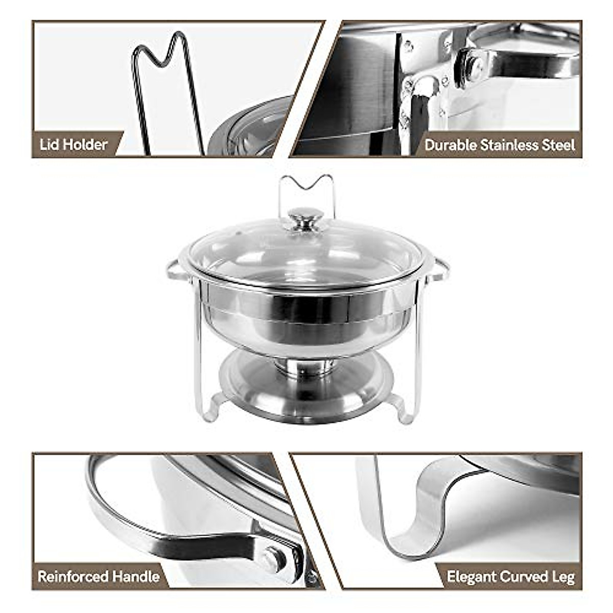 BriSunshine 2 Packs 430 Stainless Steel Chafing Dish Buffet Set, 4 QT Round Chafing Dish with Glass Lid & Lid Holder, Food Warmers for Parties Buffet Wedding Catering
