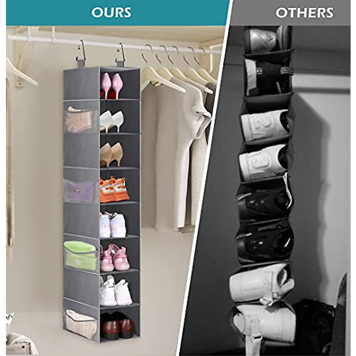 SLEEPING LAMB 8 Shelves Hanging Shoe Rack Wider Shoe Hanger Organizer for Closet Storage Clothes, Hats, Handbags, with 8 Mesh Pockets, Grey