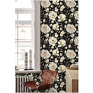 HAOKHOME Peel and Stick Wallpaper Floral Vintage Roses Peonies Contact Paper Removable Black/Beige/Olive Self Adhesive Mural 17.7in x 9.8ft