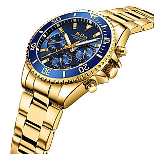 BIDEN Mens Watches Chronograph Gold Blue Stainless Steel Waterproof Date Analog Quartz Watch Business Casual Fashion Wrist Watches for Men