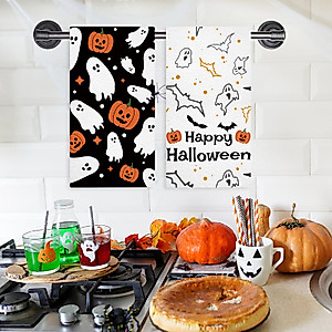 Halloween Kitchen Towels Halloween Pumpkin Ghost Halloween Dish Towels Set of 2, Spooky Holiday Hand Towel 18x26 Inch Drying Cloth Towel for Kitchen Home Decoration