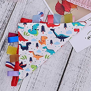 G-Tree Baby Comfort Blanket with Tag, Multi-Coloured Dinosaurs Tag, FOMUNI Taggy Blanket - Red Textured Underside