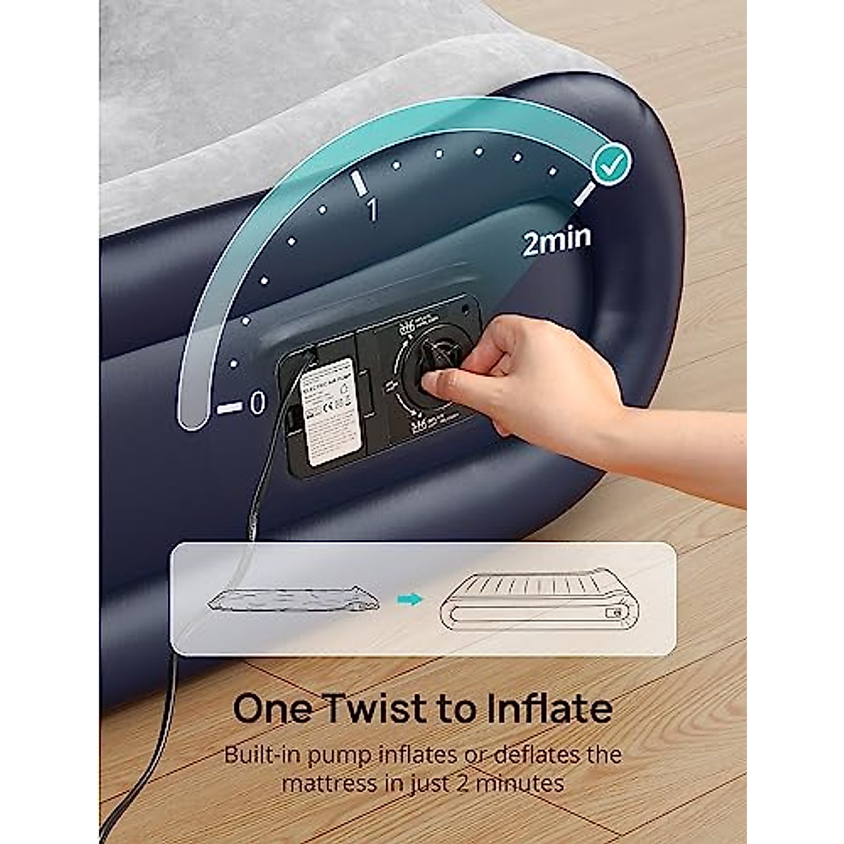 Evajoy Queen Air Mattress with Built-in Pump, Inflatable Air Mattress with Integrated Pillow, Fast Inflation/Deflation, Airbed with Thickened PVC Build, Waterproof Flocking, for Home, Camping, Guests