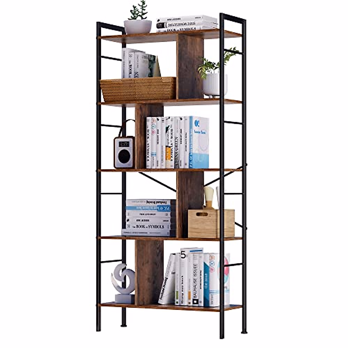 DongRong Bookshelf 5 Tier Bookcase Tall Ladder Book Shelf Organizer Standing Metal Frame Bookshelves for Home Office Living Room Bedroom and Kitchen