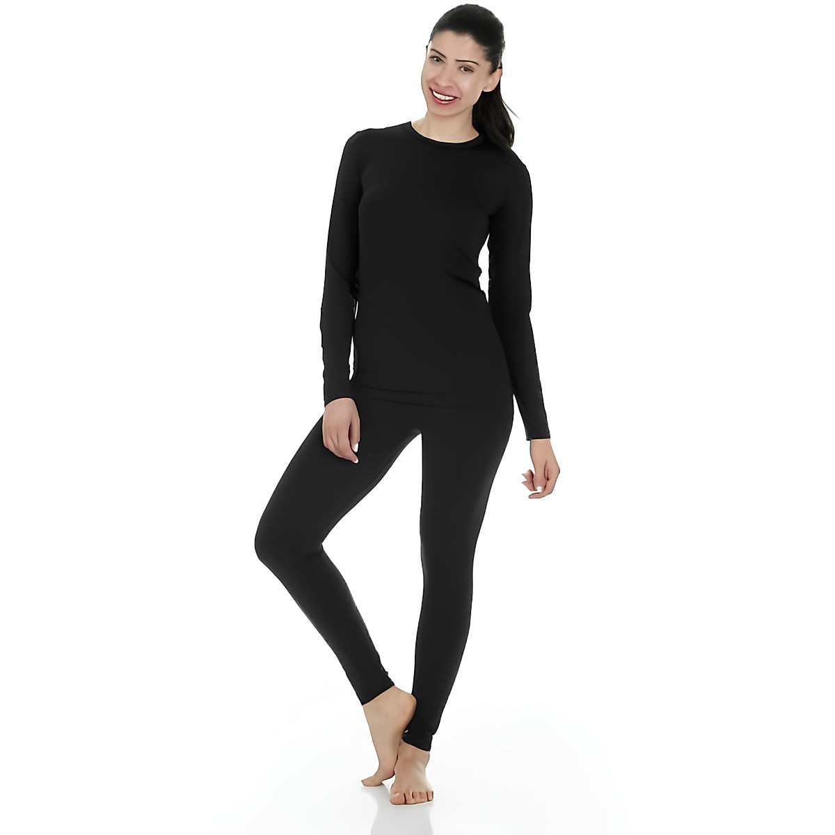 Thermajane Long Johns Thermal Underwear for Women Fleece Lined Base Layer Pajama Set Cold Weather (Small, Black)