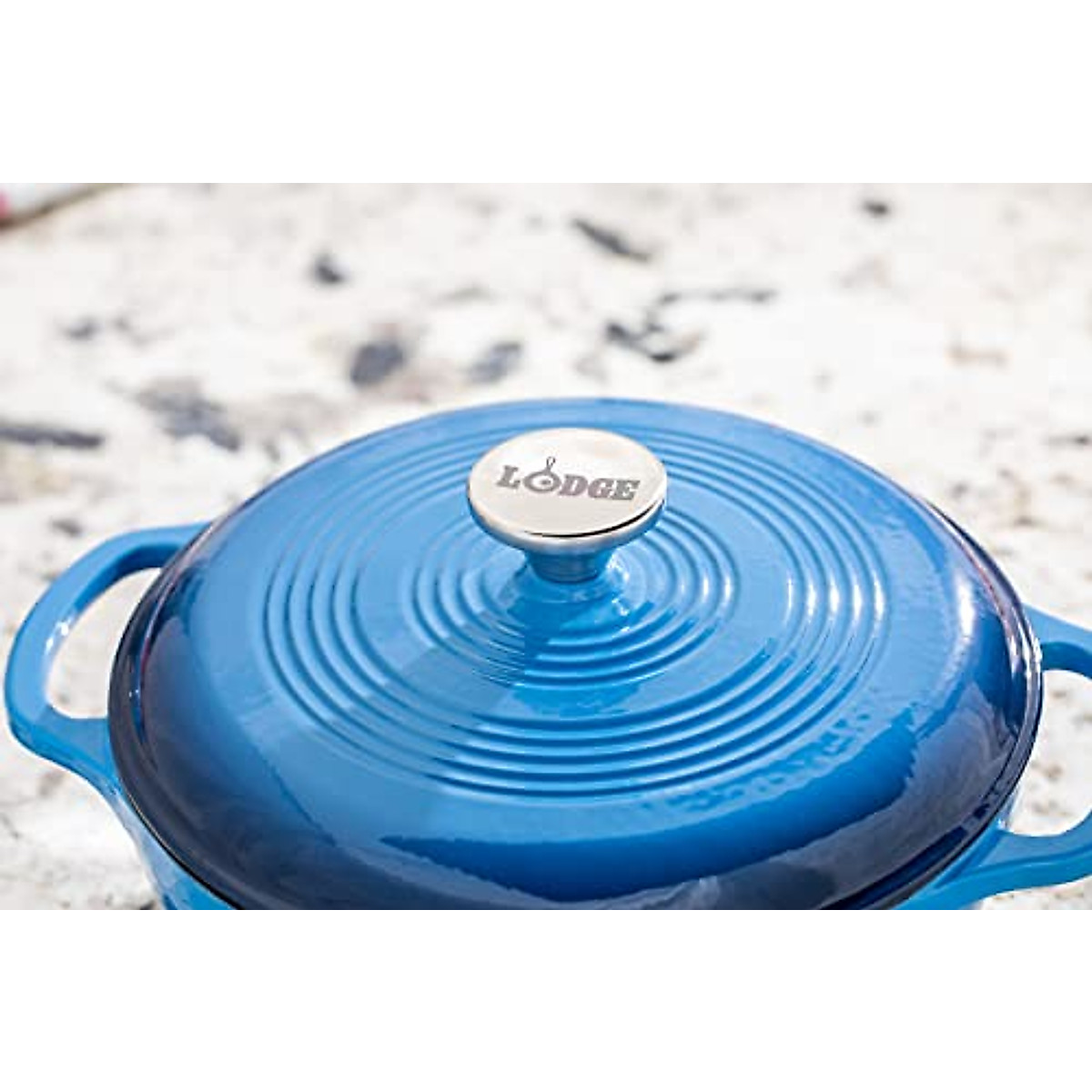 Lodge 3 Quart Enameled Cast Iron Dutch Oven with Lid – Dual Handles – Oven Safe up to 500° F or on Stovetop - Use to Marinate, Cook, Bake, Refrigerate and Serve – Caribbean Blue