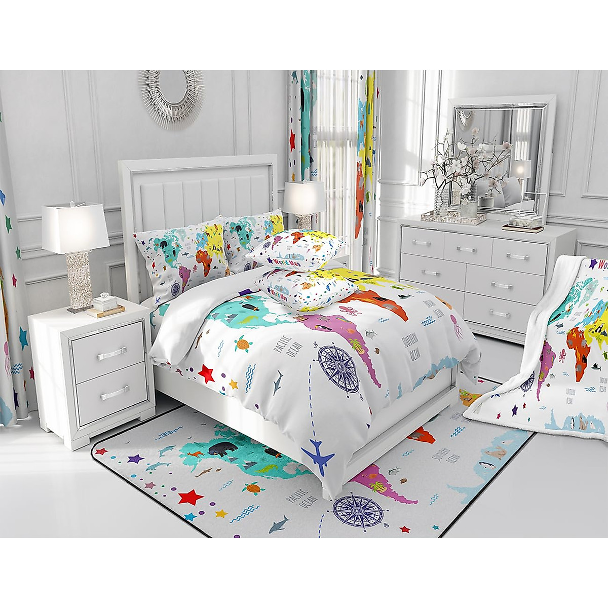 jejeloiu Word Map Bed Sheets Set America Map Pattern Sheet Set for Kids Boys Children Europe Map Printed Sheets with Deep Pocket Fitted Sheet Ultra Soft Decor Teaching Tool Bedding Set Full Size