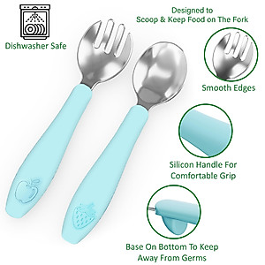 CHILLOUT LIFE Toddler Utensils, Kids Silverware with Silicone Handle, Stainless Steel Metal Toddler Forks and Spoons Safe Baby Cutlery Set for Self Feeding BPA Free Dishwasher Safe