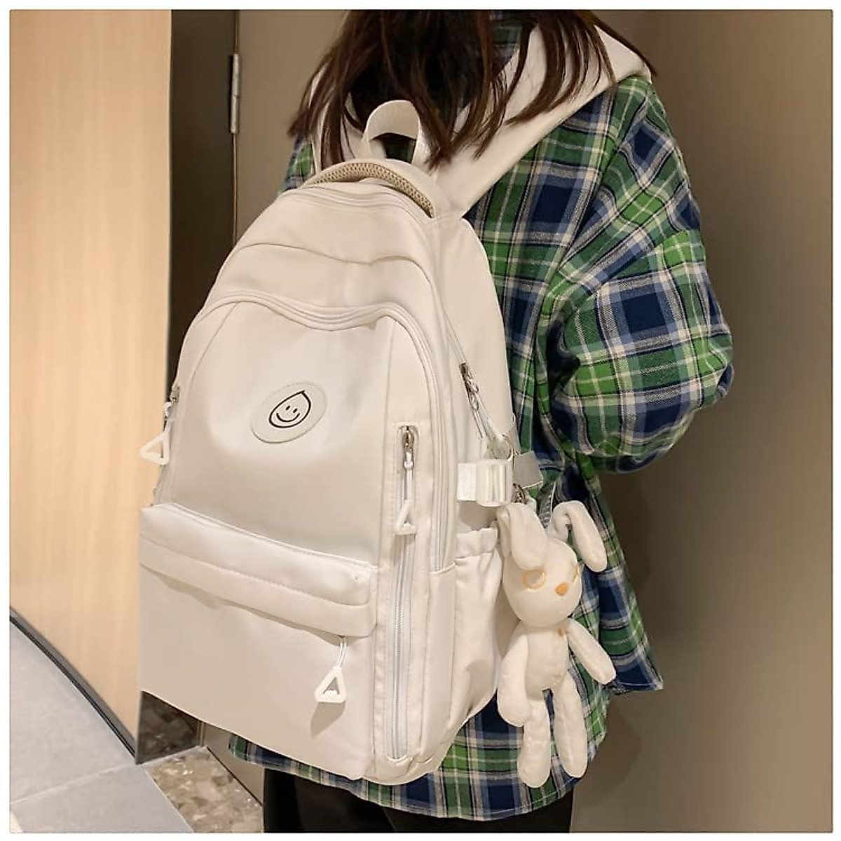 Preppy Backpack Smiling Face with Bunny Plush Cute Aesthetic Backpack Preppy Stuff Kawaii Accessories Korean College Style (White,One Size)