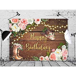 SVBright Cowgirl Birthday Backdrop for Woman 7Wx5H Western Rustic Country Wooden Plank Pink Flower Happy Birthday Baby Shower Wood Hat Retro Decoration Photography Background Banner Photo Booth Studio