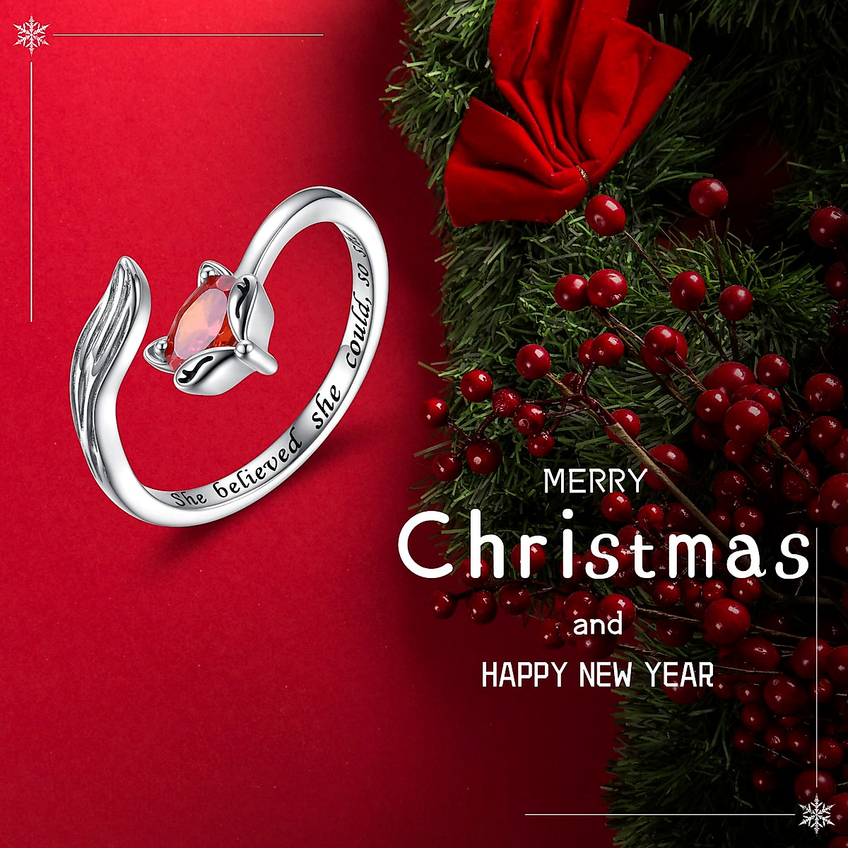 MANBU Sterling Silver Fox Jewelry for Women - Inspirational Adjustable Animal Wrap Ring Stud Earrings Graduation Jewelry Gift for Animal Lovers (Fox ring)