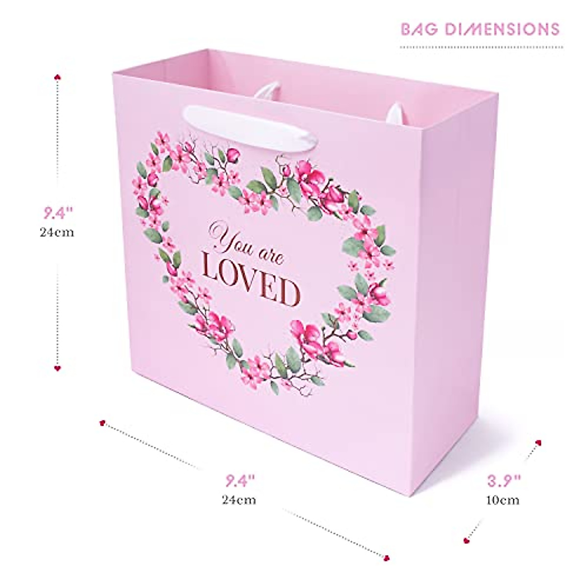 Gift Bag Set You are loved, Medium 9.4" Gift Bag With Tissue Paper, Romantic Card, And Ribbon Handles (Pink, Floral Heart, Love), Valentine's Day, Mothers Day